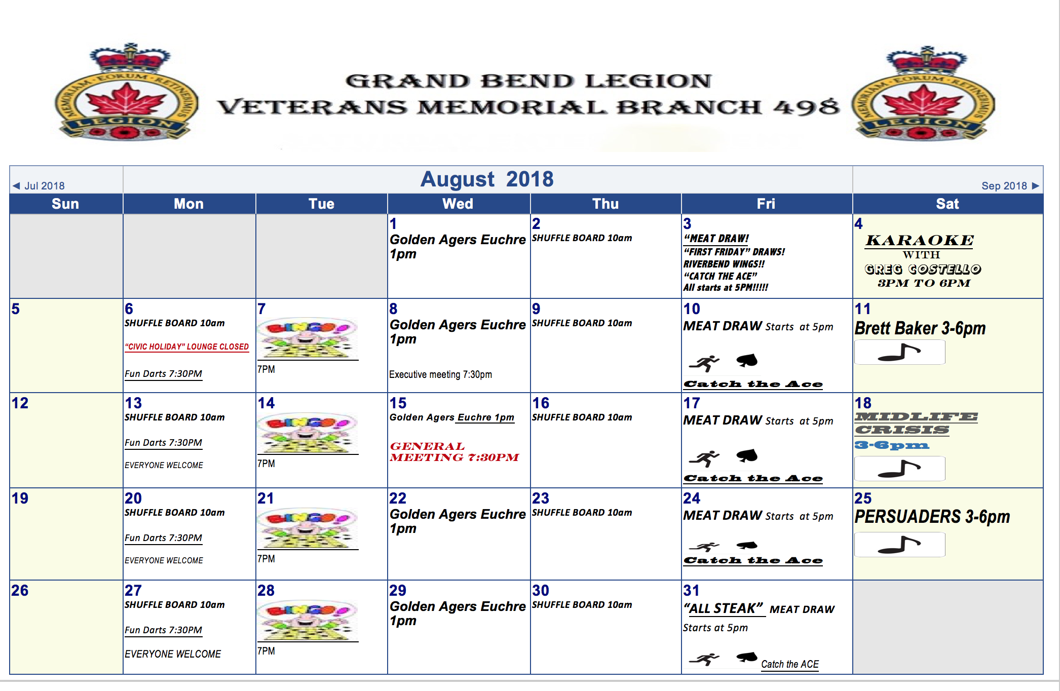 Grand Bend Legion August Calendar – Huron Woods Community Association