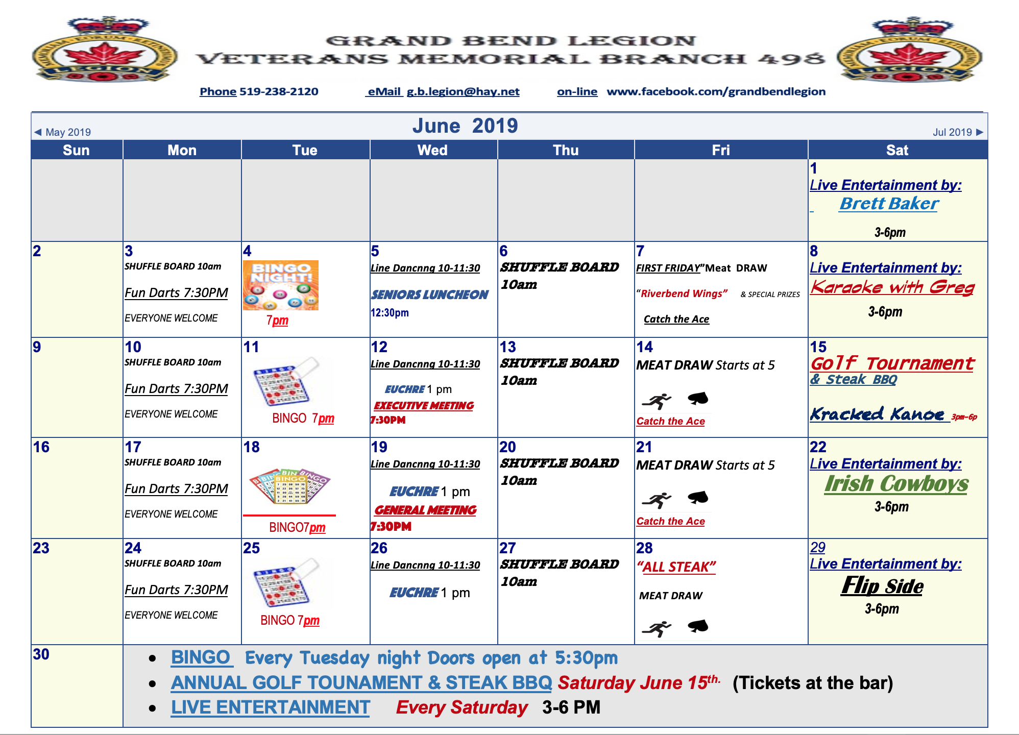 Grand Bend Legion June Calendar – Huron Woods Community Association